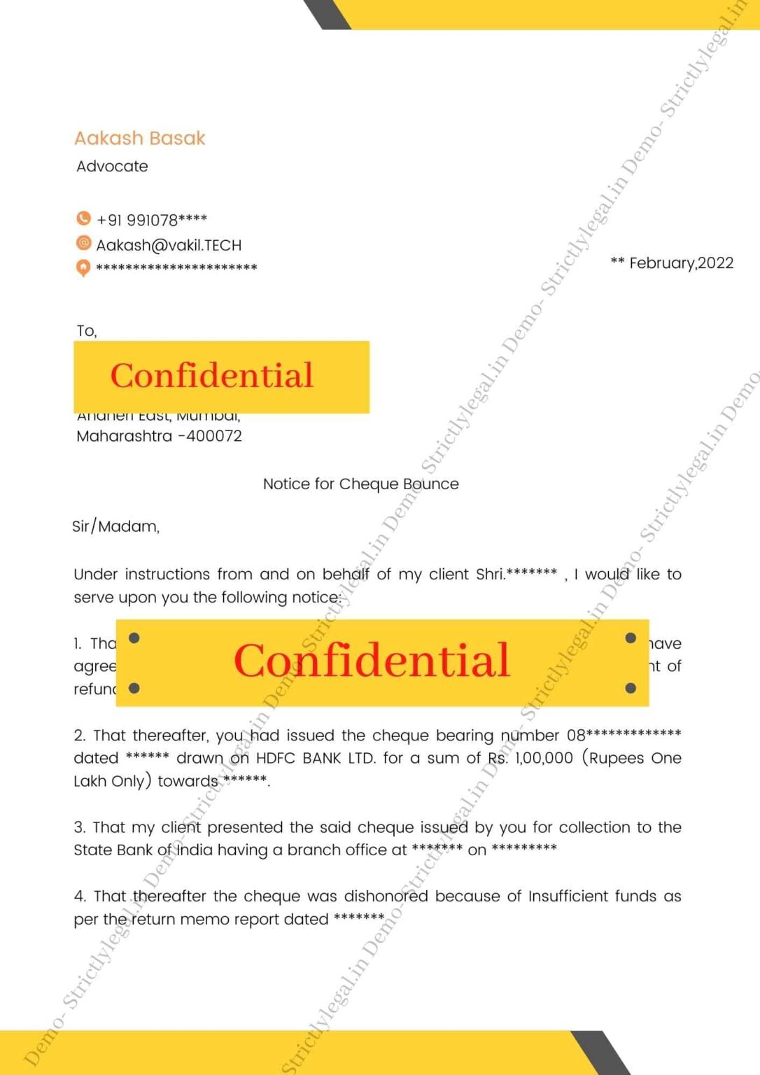 Cheque Bounce Notice Format - [Download] - StrictlyLegal