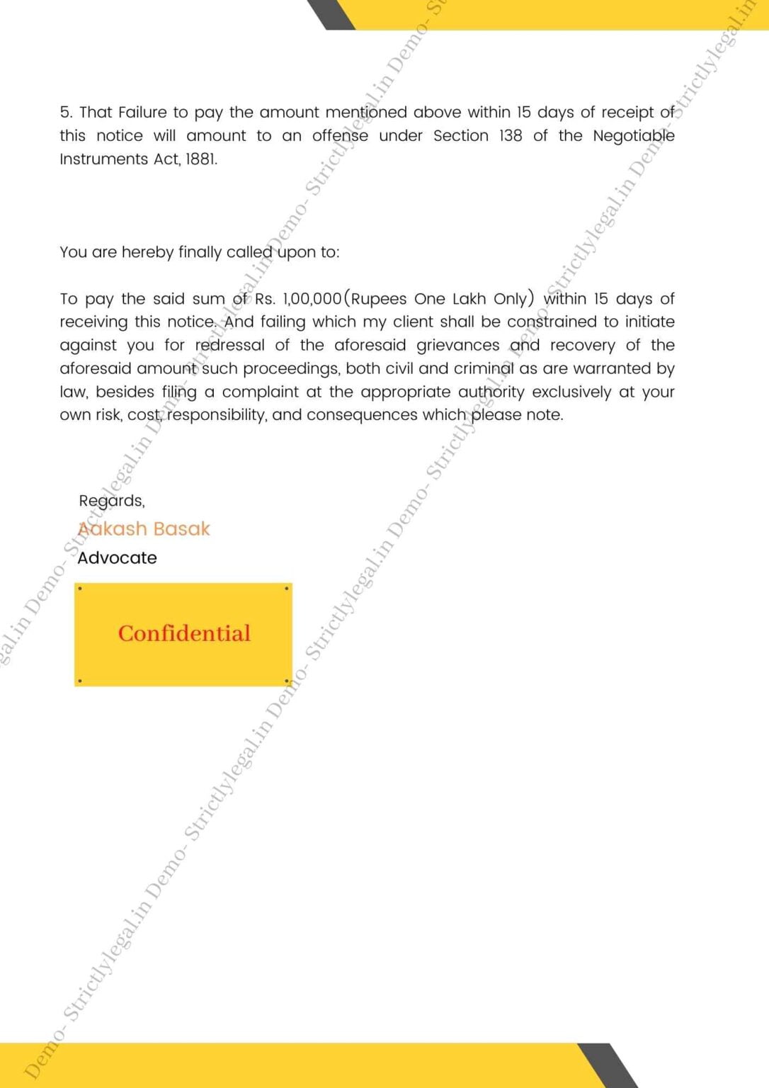 Cheque Bounce Notice Format - [Download] - StrictlyLegal